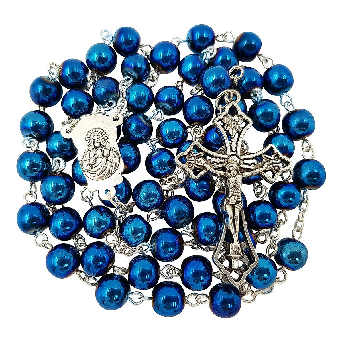 TALISMAN4U 8mm Blue Hematite Beads CATHOLIC ROSARY NECKLACE for Men Women Virgin Mary Medal Cross Crucifix in Gift Box