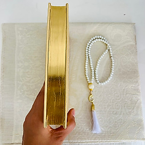 Muslim Prayer Rug,Full Arabic Thermo Leather Covered Quran(8 * 5.5 inc / 20 * 14 cm) and Prayer Beads I Perfect Islamic Gift I Muslim for Men&Women I Soft Islamic Prayer Mat | Luxury Gifts (Gold)