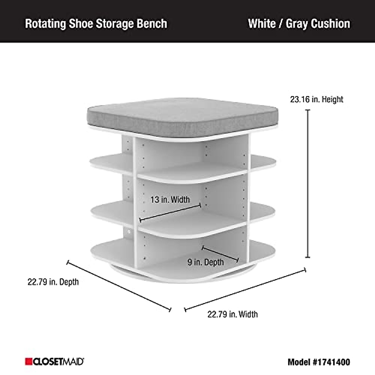 ClosetMaid Shoe Storage Bench Ottoman, Rotating with Gray Cushion, Adjustable, White Finish