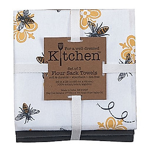 Kay Dee 3-Piece Kitchen Towel Set and Dish Drying Mat (Queen Bee Print),White