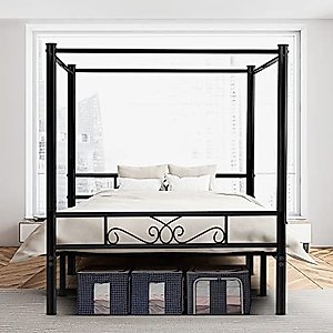 Codesfir Queen Size Metal Canopy Bed Frame, Four-Poster Canopied Platform Bed Frame with Headboard and Footboard, Sturdy Metal Slatted Structure, No Box Spring Needed, Easy Assembly, Black