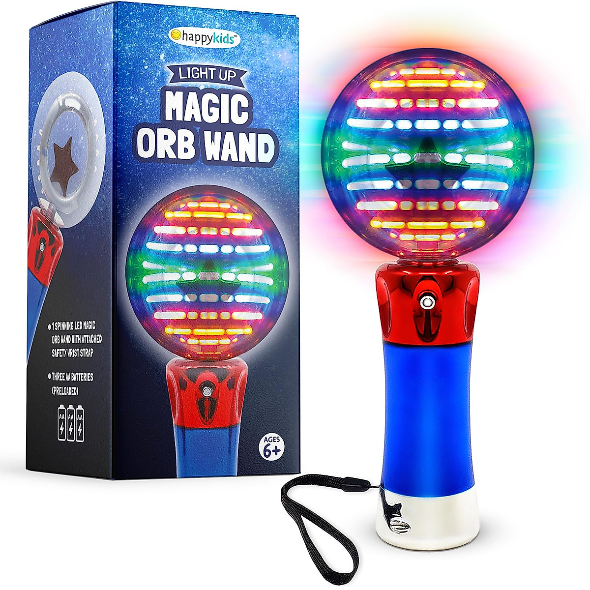 Happy Kids LED Magic Orb Wand Toy - Color Changing Star Globe - Spinning Fun - Great Sensory Toy for Kids with Batteries and Strap