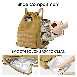 G4Free Drawstring Backpack Gym Backpack Soccer Basketball Bag with Shoes Compartment Tactical Water-Resistant String Sports Bag for Men Women(Tan)