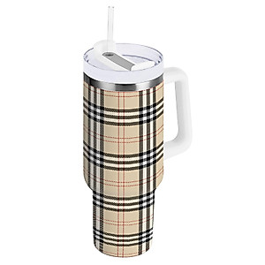 Tartan Plaid Khaki Black 40 oz Tumbler with Handle and Straw Lid, Insulated Coffee Cup Reusable Stainless Steel Water Bottle Travel Mug Cupholder Friendly,Gifts for Women Men
