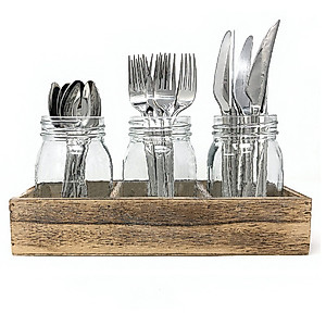 CB Accessories Mason Jar Glass Utensil Holder Flatware Caddy Silverware Organizer for Spoons, Knives and Forks with Rustic Wood Tray
