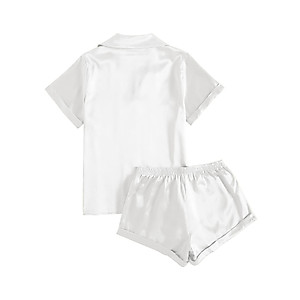 LYANER Women's Sleepwear Satin Silky Short Sleeve Top with Shorts Pajama Set White X-Large