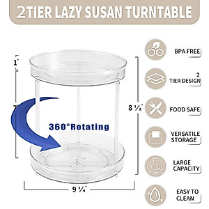 Amasses 2 Tier Clear Lazy Susan Organizer, 360 Degree Rotating Round Lazy Susan Turntable 9" Non-Skid Rotating Organization Storage Container for Kitchen, Cabinet, Pantry