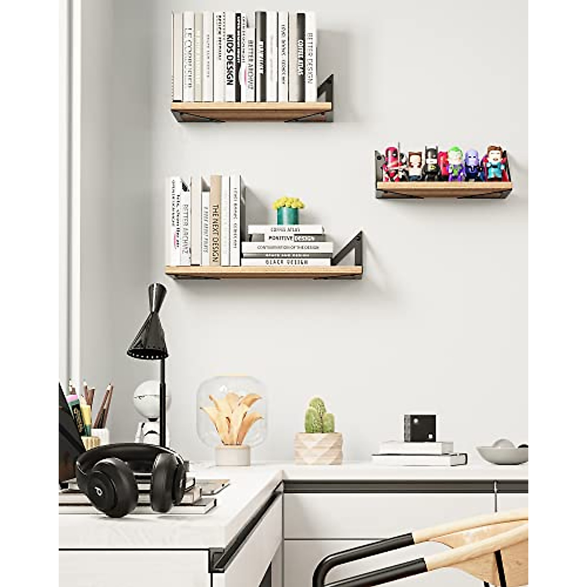 BAYKA Floating Shelves for Bedroom Decor, Rustic Wood Wall Shelves for Living Room Wall Mounted, Hanging Shelving for Bathroom, Laundry Room, Small Shelf for Plants, Books(Brown,Set of 3)
