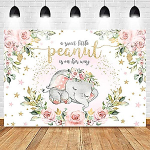 Mocsicka Baby Girl Elephant Baby Shower Backdrop Pink Floral Sweet Little Peanut is on Her Way Photo Backdrops Cute Elephant Party Cake Table Photography Background (7x5ft)