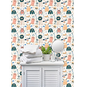 Commercial Grade Wallpaper Swatch - Cute Kids Monsters Watercolor Pastel Playful Room Monster Creature Bat Spooky Spider Web Moon Stars Traditional Wallpaper by Spoonflower