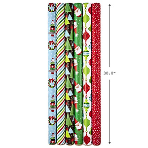 Hallmark Christmas Wrapping Paper Bundle with Cut Lines on Reverse (Pack of 6; 180 sq. ft. ttl.) Modern Santa, Trees on Black, Stripes, Ornaments