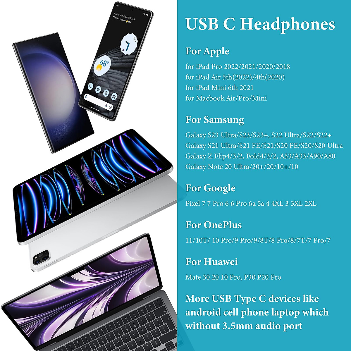 APETOO USB C Headphones for iPhone 16 15 Pro Plus iPad Pro,USB Type C Earphones HiFi Stereo USB C Wired Earbuds Microphone Volume Control for Galaxy S24 S23 S22 S21Pixel 9 8 7 7a 6 Pro 6a Turquoise