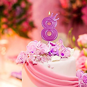3inch Birthday Number Candle, 3D Candle Cake Topper with Crown Cake Numeral Candles Number Candles for Birthday Anniversary Parties (Rose Pink, 8)