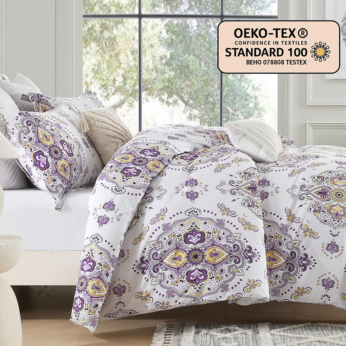 DUOMING Cotton Duvet Cover King - 100% Cotton Soft 3 Pieces Damask Duvet Cover, White and Purple Floral King Duvet Cover Set, Medallion Duvet Cover King with Zipper Closure & 8 Ties