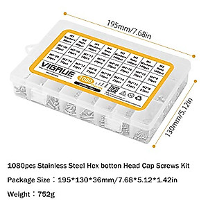 VIGRUE M5 M4 M3 M2 Metric Screws Bolts Nuts Washers Assortment Set with Allen Wrench 1080Pcs Hex Button Head Socket Cap Screws Stainless Steel, Small Bolts and Nuts Assortment Kit