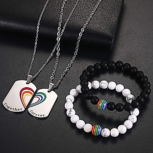 Aroncent 4pcs Gay Pride Lesbian LGBTQ Couples Rainbow Jewelry Set,White Turquoise & Carnelian Bead Bracelet, Stainless Steel Rainbow Necklace Heart Matching Charm Couple Necklace