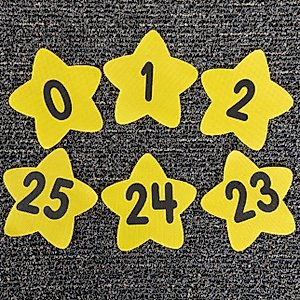 Really Good Stuff Carpet Mark-Its – Numbers 0-25, 5” by 5” (Set of 26) – Star-Shaped Yellow Carpet Spots - Assign Floor Seating, Play Games – Durable, No-Slide Back