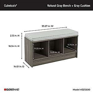 ClosetMaid 3258 Cubeicals 3-Cube Storage Bench, Natural Gray with Gray Cushion