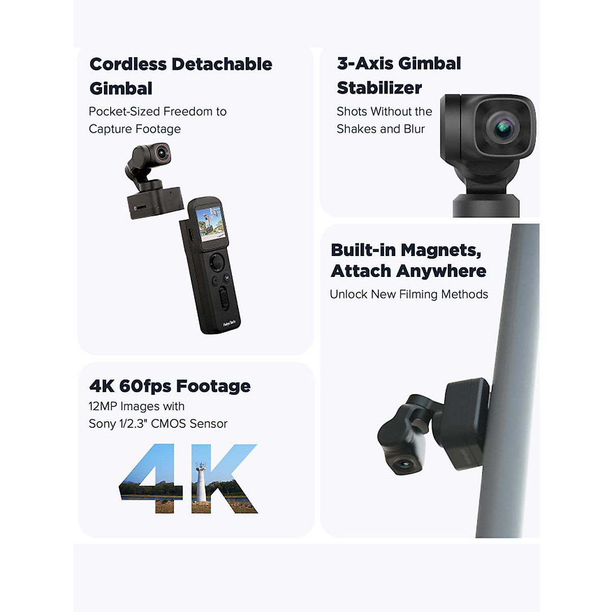 FeiyuTech Pocket 3 kit -Remote Handle&Camera 4K 60FPS Camera with Handheld 3-Axis Stabilizer, Pocket Action Camera, AI Tracking, Detachable Handle, Magnets for YouTube TikTok Video Vlog