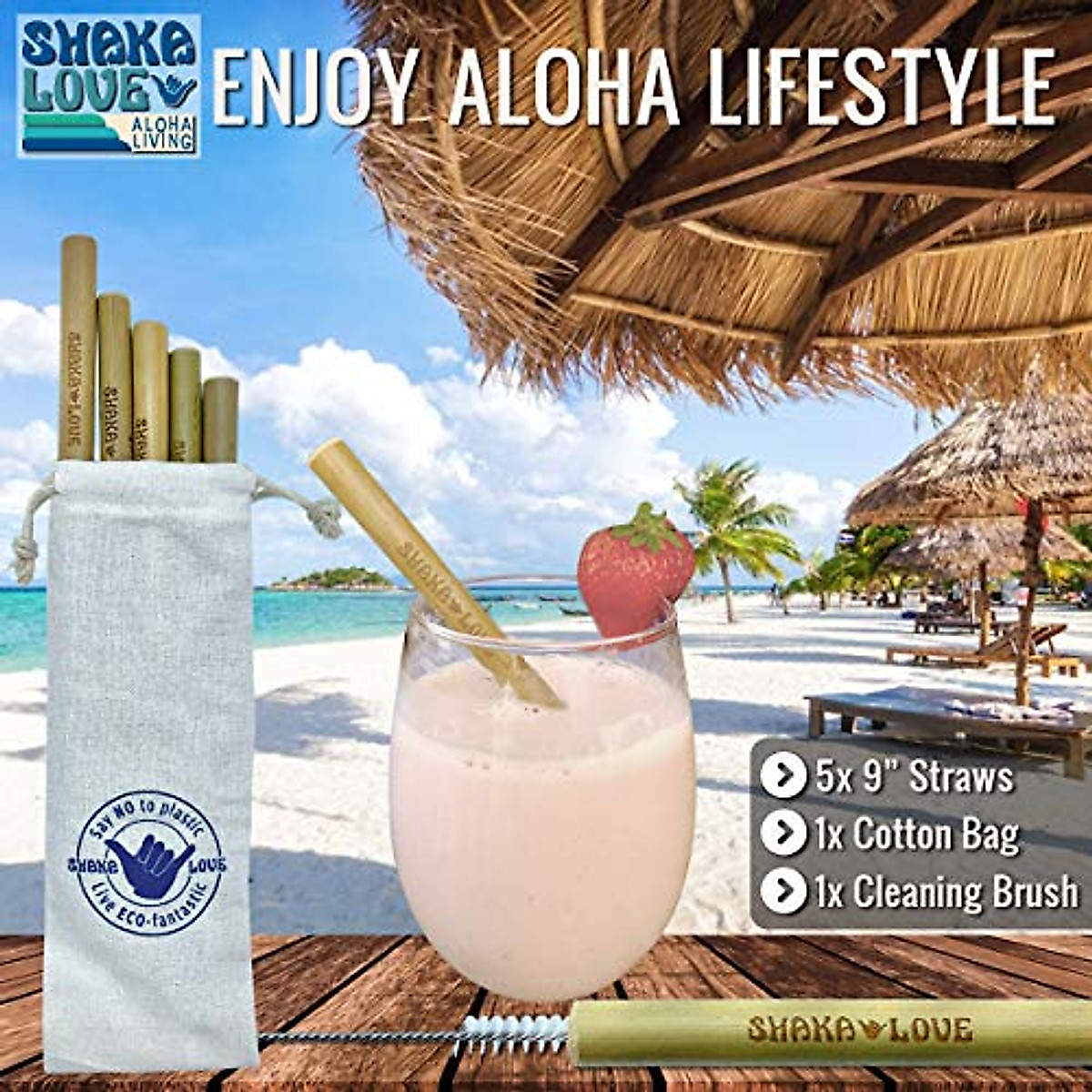 SHAKA LOVE Reusable Bamboo Drinking Straw Set 9 Inch | 100% Natural, Biodegradable, Eco, Organic | Cleaning Brush & Cotton Carry Pouch | Juice, Smoothies, Shakes, Coffee, ALOHA Cocktails | 5 Pack