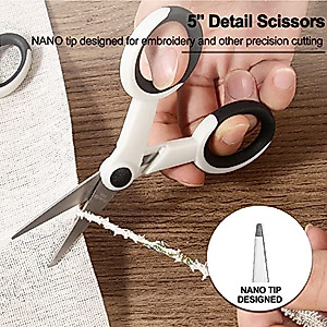 Premium Tailor Sewing Scissors Bundle, 8.1" Heavy Duty Sharp Fabric Scissors, 5.1"/4" Detail Embroidery Scissors, 5" Thread Snips with Comfort Grip (Grayish White)