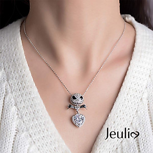Jeulia 2.5 Carat Nightmare Necklace 925 Sterling Silver Jack and Sally Skull Pendant Necklace Heart Necklace for Women Birde Romantic Jewelry Gift for Her (Silver)