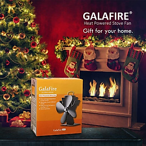 GALAFIRE 4-Blades Heat Powered Wood Stove Fan + Magnetic Thermometer, 122°F Start Non-Electric Eco Fireplace Fan for Gas/Pellet/Log/Wood Burning Stoves, Silent Operation, 2-Years, V466, Black