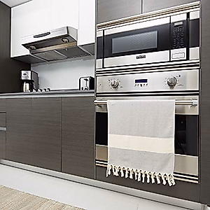 Turkish Hand towel with hanging loop | Set of 4 large towels, 18 x40" | Cute Decorative boho organic towels, dish/washcloths for bathroom, kitchen, gym, hand, face | Black/beige, Gray/Beige (Gray)