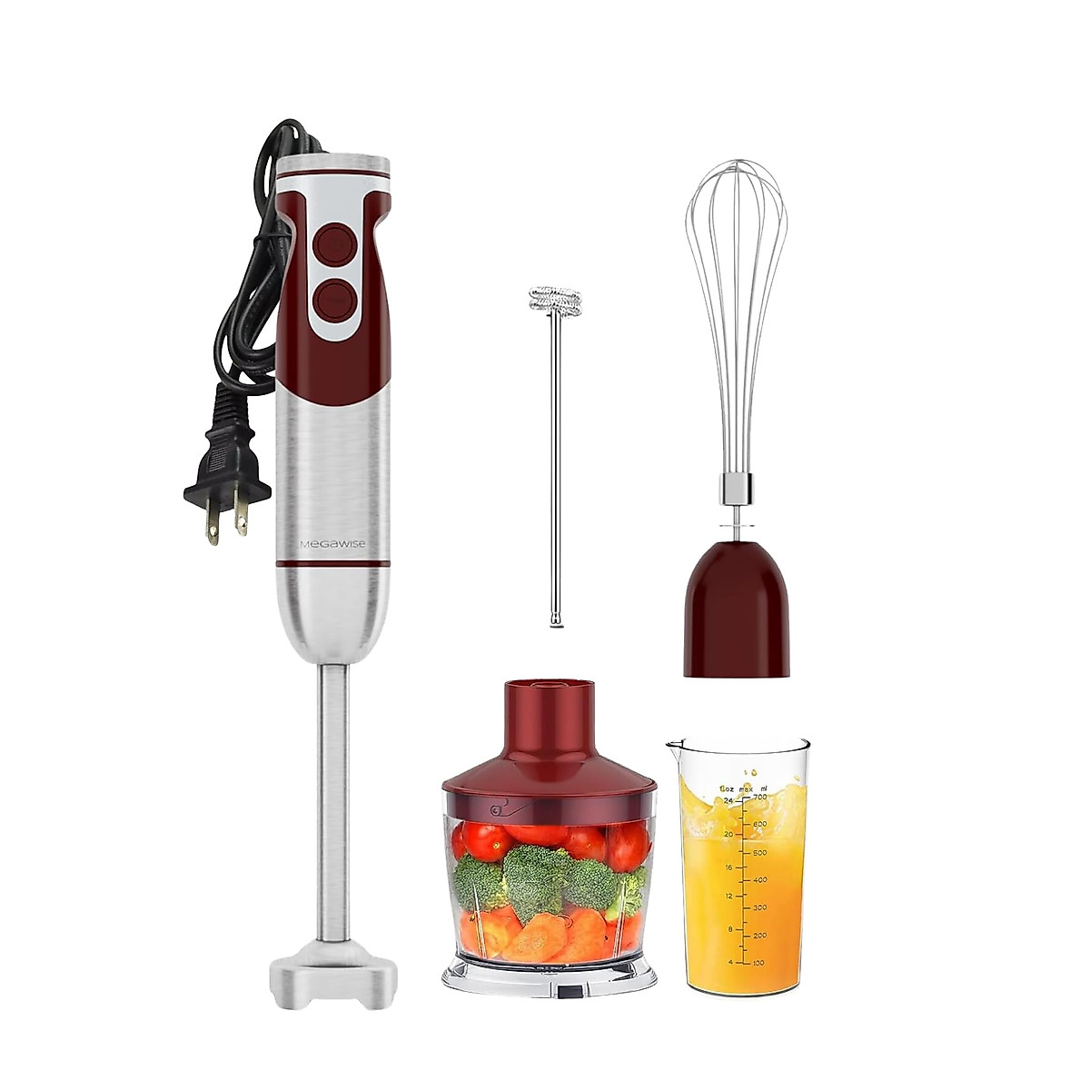 MegaWise 5-in-1 Hand Blender Set with Variable Speed Control, 400W Immersion Blender - Includes Whisk, Milk Frother, Chopper, and Beaker for Smoothies, Soups, and Baby Food (RED)