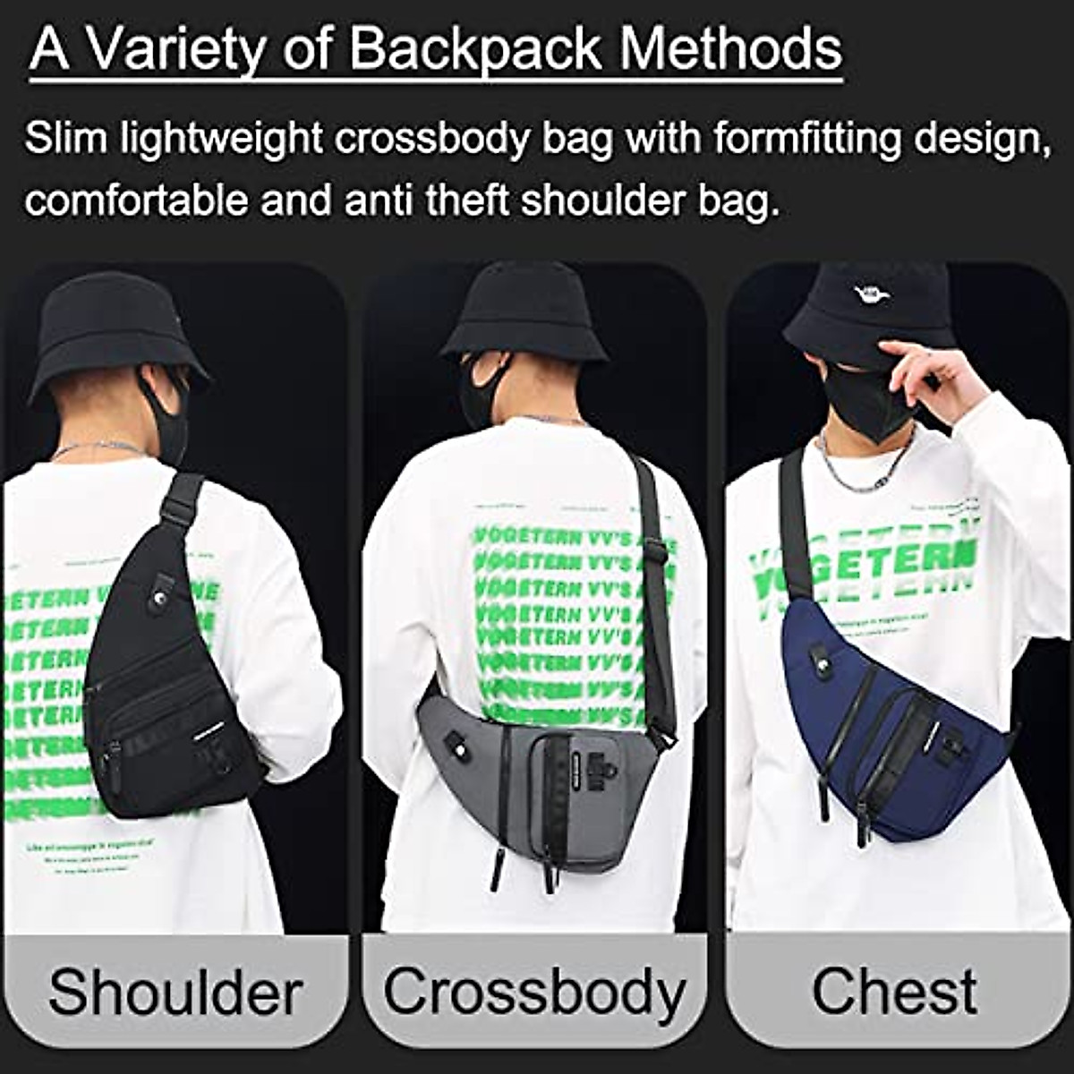 Qidelong Sling Bag Anti-theft Crossbody Chest Shoulder Backpack Women Men, Lightweight Personal Pocket Bag for Hiking Travel (Black)