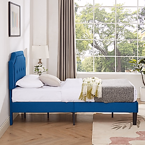VECELO Twin Upholstered Platform Bed Frame with Adjustable Button Stitched Panel Headboard,Strong Wood Slat Support,Velcro Design,Mattress Foundation/Easy Assembly,Blue