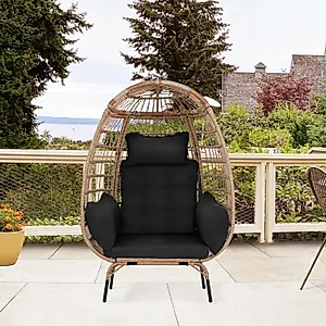 PIKAQTOP Egg Chair, Oversized Indoor Outdoor Lounger Chair for Patio, Backyard, Living Room w/ 4 Cushions and Stand, Steel Frame, 350lb Capacity, Black