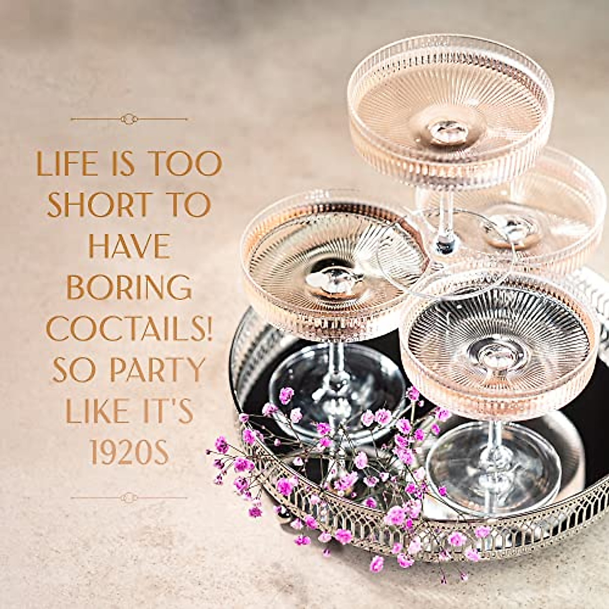 Vintage Art Deco Coupe Glasses | Set of 4 | 7 oz Classic Cocktail Glassware for Champagne, Martini, Manhattan, Cosmopolitan, Sidecar, Daiquiri | Crystal Speakeasy Style Saucer Goblets with Stems