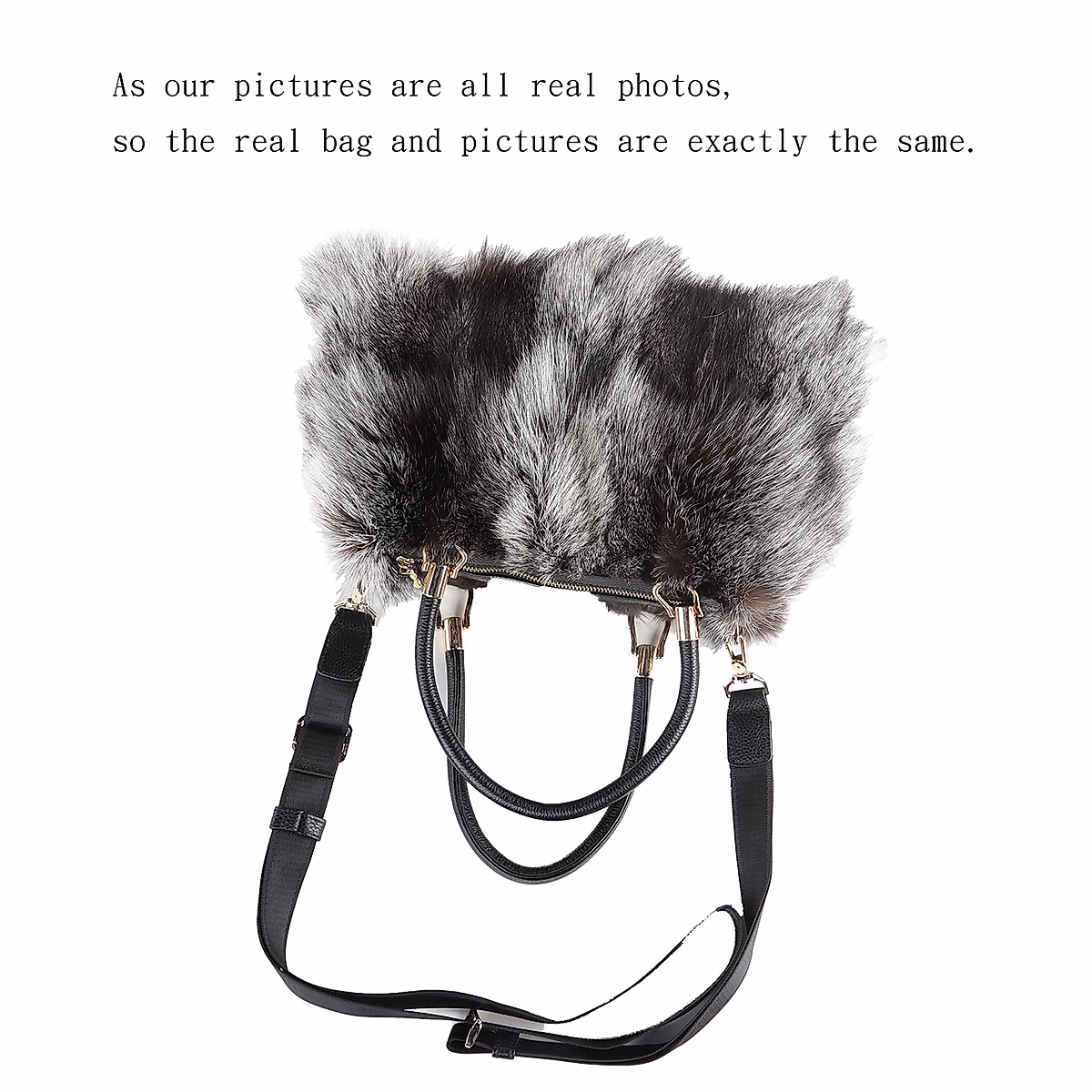 Fur Story Women's Fox Fur Chain Bag Fuzzy Shoulder Handbag for Women Big Fluffy Tote Cute Purses Black Bag
