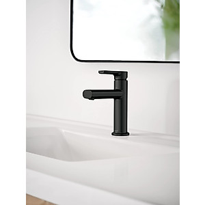 Moen Meena Matte Black One-Handle Single Hole Modern Bathroom Sink Faucet with Optional Deckplate and Drain Assembly, 84794BL