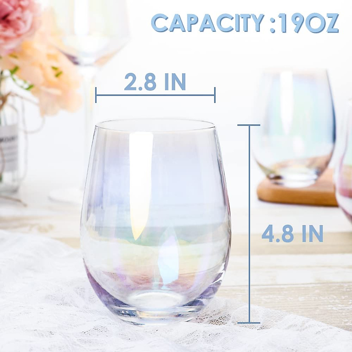 Gutsdoor Wine Glasses Large Stemless Wine Glasses 18.9 Ounce Set of 4 Iridescent Glasses All-Purpose Drinking Wine Beverage Glasses for Red White Wine, Water, Beer, Juice, Whiskey & Bar Decor