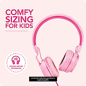 TalkWorks Corded Headphones for Kids - Over Ear Headphones for Home, School, and Gaming - Lightweight, Portable, Cushioned Earcups, and Adjustable Headband - Comes in Fun Colors - One Size, Pink