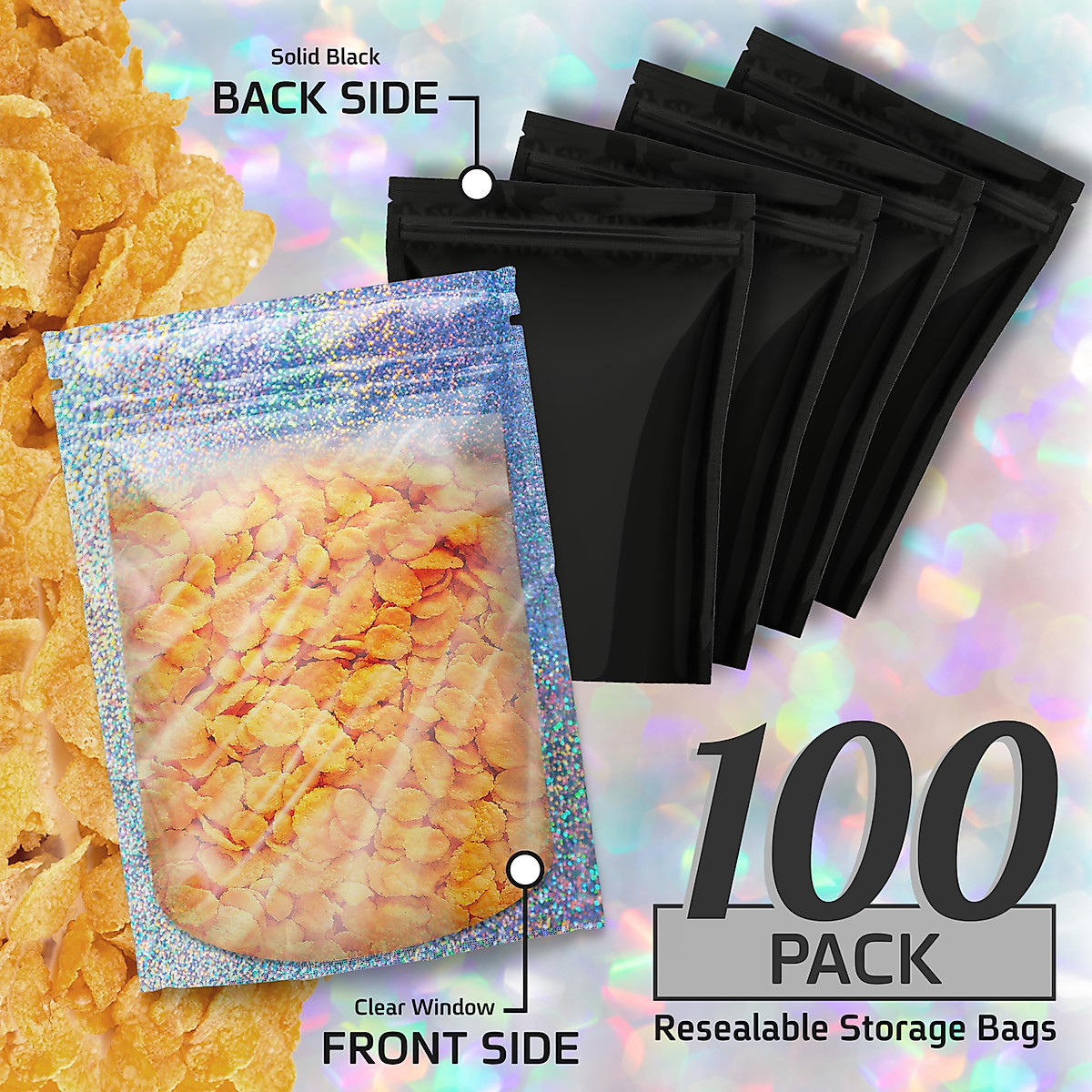 Resealable Black STANDUP Mylar Hologram Metallic Amazing Bags 5 * 8 inches. 100 Pk – Airtight, Waterproof, Zip Lock seal-Opaque Foil Pouch. Food Grade Bags Long shelf-life Storage (Large Black-Metal)