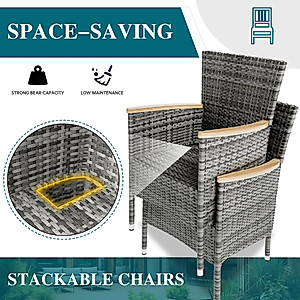 Shintenchi 7 Piece Patio Dining Set, Wicker Patio Conversation Set with Wood Table Top, Outdoor Table and Chairs with Soft Cushions for Backyard, Deck and Garden, Grey Rattan