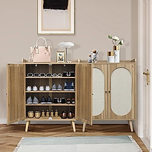 wirrytor Rattan Shoe Cabinet,16 Pairs Shoe Storage Cabinet with 2 Rattan Doors,4-Tier Modern Entryway Organizer Cabinet,Freestanding Shoe Rack Organizer Cabinet for Closet Hallway Living Room,Walnut