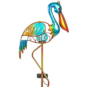 Asense Garden Solar Lights Pathway Stake Outdoor Metal Sculpture Art Decor, Solar Powered LED Lights for Lawn Patio Courtyard, Blue Flamingo with Crackle Glass Ball
