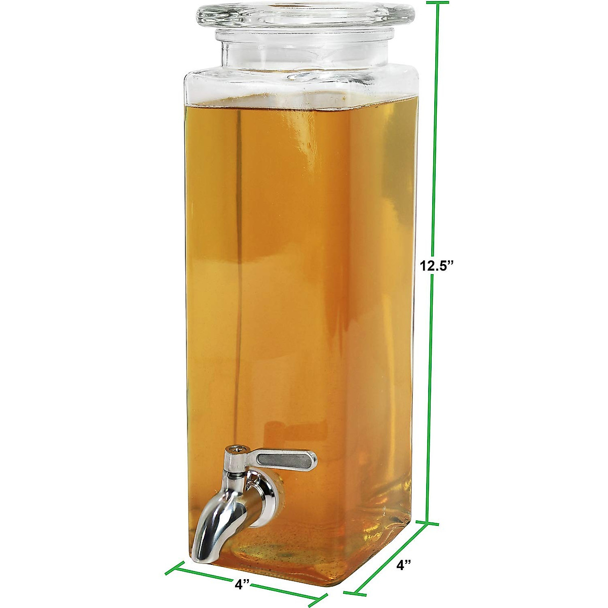 Estilo Glass Drink Dispenser - Tall Square Glass Mason Jar Drink Dispenser With Stainless Steel Spigot, 80 oz (2.36 Liters), Clear, Parties, Weddings, and Picnics