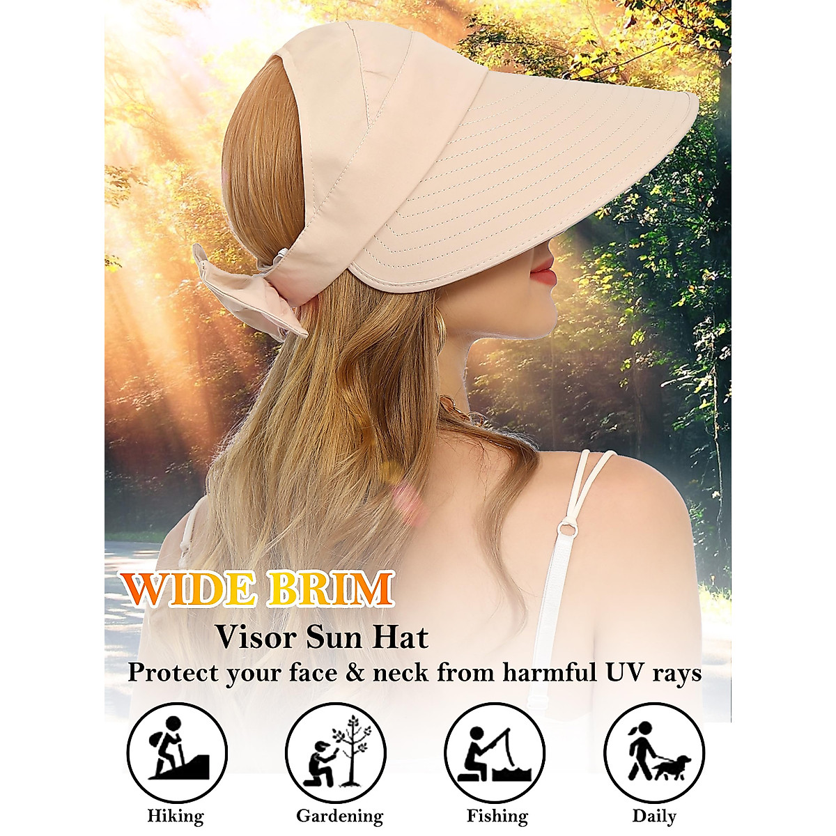Sun Visor Hat for Women Wide Brim Ponytail Hole UV Protection Summer Cap Packable UPF 50+ Travel Outdoor(Beige)