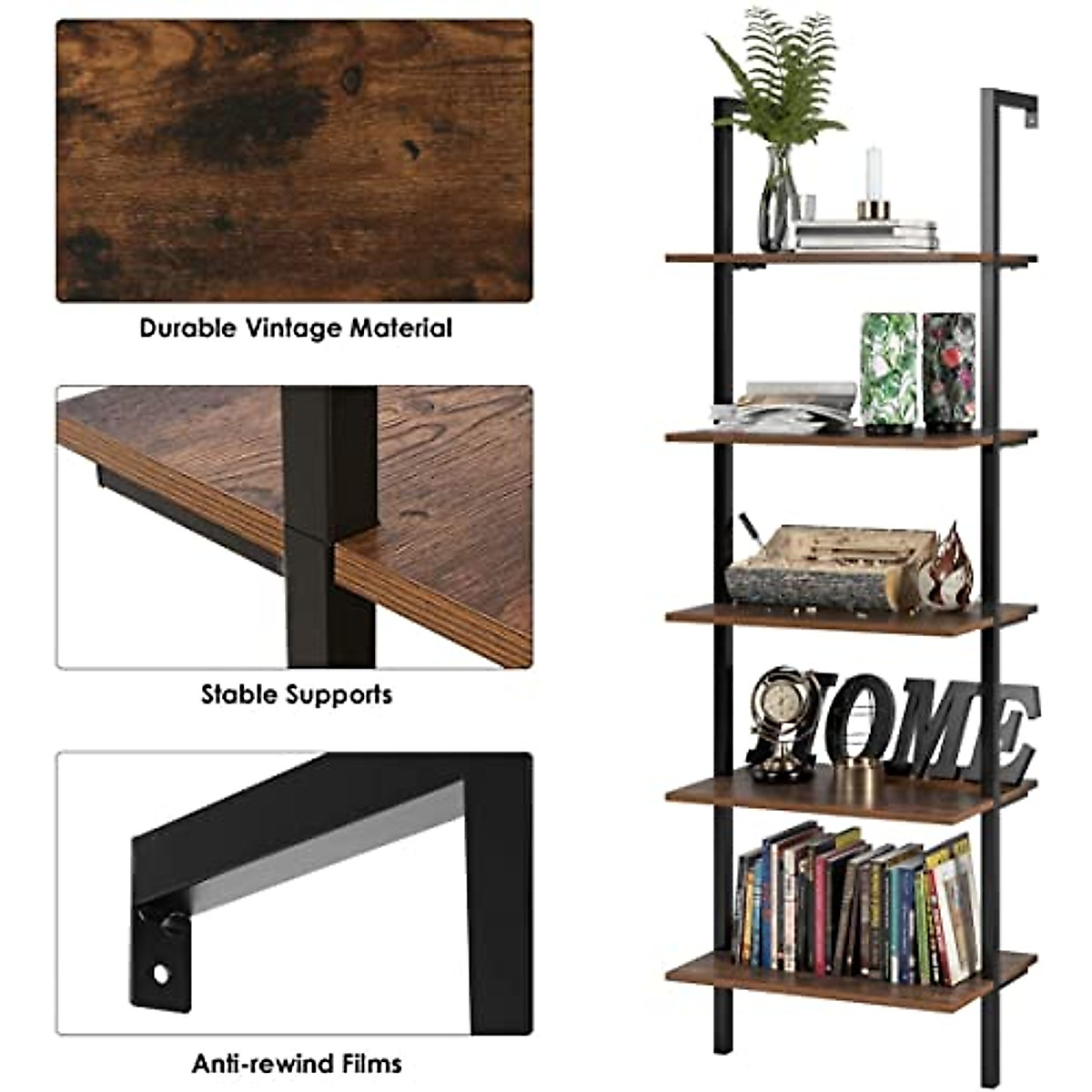 TJLSS Industry Ladder Shelving Unit 5 Tier Display Stand Book Shelf Wall Rack Storage Wood & Metal Frame