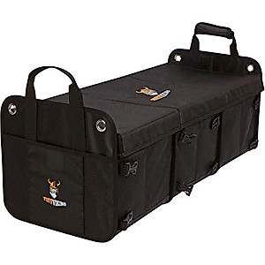 Tuff Viking Convertible Large 3 Compartment SUV Trunk Organizer | Truck Bed Organizer with Cover for Trucks, Cars, SUVs and Groceries. PATENTED ( 4-in-1 with Cover, Black)
