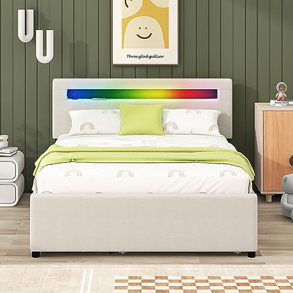 Merax Queen-Size Upholstered Storage Platform Bed with Twin Size Trundle, 2 Drawers, LED and USB Charging, Beige Wood Bed Frame