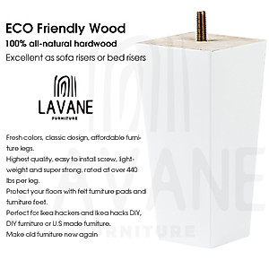 La Vane 6 inch Wooden Furniture Legs, Set of 4 Solid Wood Square White Mid-Century Modern Replacement Bun Feet with Pre-Drilled 5/16 Inch Bolt & Mounting Plate & Screws for Couch Sofa Armchair