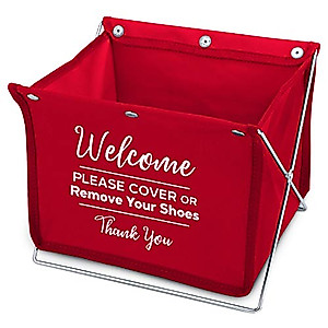 Foldable Shoe Cover Holder (Red) with Bonus Please Use Shoe Covers, Double Sided, Door Hanger