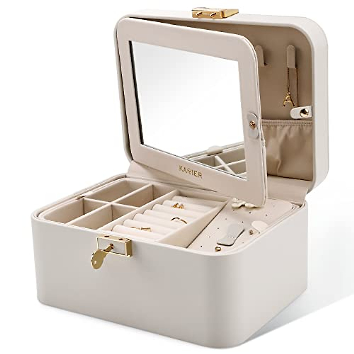 KAMIER Jewelry Box, 2 Layers PU Leather Jewelry Organizer Box, Large Capacity, Double Lock and Large Mirror, Hidden Necklace Hooks, Removable Dividers, Gift Box Packaging, Grey