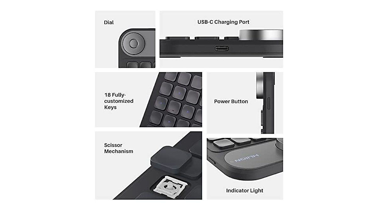 HUION Keydial Mini Bluetooth Programmable Keypad with Dial 5 Keys Anti ...